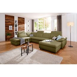 Wohnlandschaft Home Affaire "Mauritius U-Form", gr&uuml;n (olive), B:354cm T:232cm, Struktur fein (100% Polyester);Luxus-Microfaser Lederoptik (100% Polyester);Soft clean (98% Polyester, 2% Polyamid), Sofas, Wohnlandschaft, mit Kopfteil- und Armlehnverstellung, wahlweise mit Bettfunktion