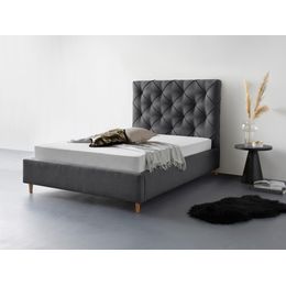 Polsterbett LEONIQUE "Louanne", grau (dunkelgrau), B:155cm H:131cm L:210cm, Betten, mit schöner Knopfheftung im Rückenteil, inkl. Bettkasten