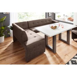 Eckbank exxpo - SOFA FASHION "Barista" Sitzbänke Gr. B/H/T: 197 cm x 82 cm x 265 cm, Luxus-Microfaser, langer Schenkel rechts, braun (brown) Frei im Raum stellbar