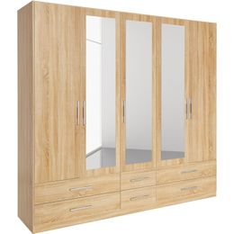 Kleiderschrank Rauch "Hersbruck" Schränke Gr. B/H/T: 225 cm x 210 cm x 54 cm, mit 3 Spiegeln, 5 St., braun (struktureichefarben hell) Kleiderschränke mit 6 Schubkästen