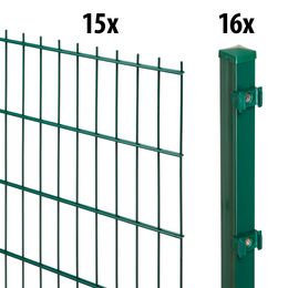 GARDEN 'N' MORE Doppelstabmattenzaun "Standard" Zaunelemente 15 Elemente für 30 m, LxH: 200 x 203 cm, mit 16 Pfosten Gr. H/L: 200 cm x 30 m, Pfosten: 16 St., grün