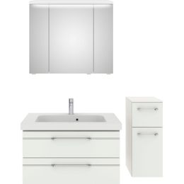 Badmöbel-Set SAPHIR "Balto Sprint 3-teilig, Mineralmarmor-Waschtisch mit LED-Spiegelschrank" Kastenmöbel-Sets Gr. B/H/T: 122 cm x 200 cm x 50,8 cm, 1 Mineralmarmor-Waschtisch weiß-1 Waschtischunterschrank mit 2 Auszügen-1 Spiegelschrank mit 3 Drehtüren-1 LED-Lichtkranz-1 Unterschrank mit 1 Drehtür, 1 Auszug, weiß (weiß hochglanz, glanz) Bad-Sparsets Badezimmer Set mit Unterschrank inkl Türdämpfer,