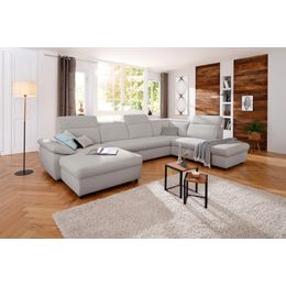 Wohnlandschaft Home Affaire "Mauritius U-Form", silber, B:354cm T:232cm, Struktur fein (100% Polyester);Luxus-Microfaser Lederoptik (100% Polyester);Soft clean (98% Polyester, 2% Polyamid), Sofas, Wohnlandschaft, mit Kopfteil- und Armlehnverstellung, wahlweise mit Bettfunktion