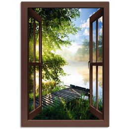 Wandbild Artland "Fensterblick Angelsteg am Fluss" Bilder Gr. B/H: 70 cm x 100 cm, Leinwandbild Fensterblick, 1 St., braun als Alubild, Outdoorbild, Leinwandbild, Poster, Wandaufkleber