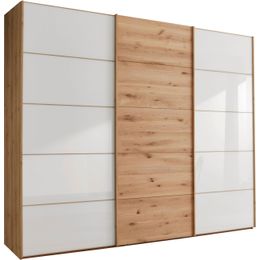 Schwebetürenschrank Wiemann "Cardiff" Schränke Gr. B/H/T: 295,2 cm x 236 cm x 67 cm, Außenpartien Glas weiß, 3 St., braun (bianco, eiche, nachbildung) mit massiven Holztüren und Spiegel