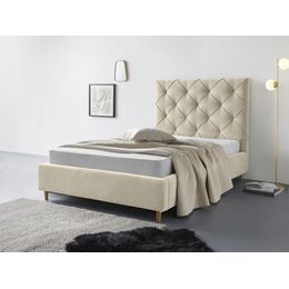 Polsterbett LEONIQUE "Louanne", beige (natur), B:155cm H:131cm L:210cm, Betten, mit schöner Knopfheftung im Rückenteil, inkl. Bettkasten