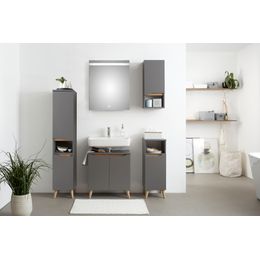 Badmöbel-Set SAPHIR "Quickset 5-teilig Waschbeckenunterschrank mit LED-Spiegel", grau (quarzgrau matt touch, quarzgrau matt, akzent riviera eiche quer nb), Kastenmöbel-Sets, Midischrank, Unterschrank, Hängeschrank, inkl. Türdämpfer, 6 Türen