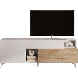 Lowboard Inosign "Monaco Breite 181 cm, TV-Board mit 1 Tür, Klappe u. Schubkasten" Sideboards Gr. B/H/T: 181 cm x 67 cm x 42 cm, 1, weiß (weiß hochglanz lack, eiche cadiz nb) Lowboards Fernsehtisch, TV-Schrank, SoftSelf Closing