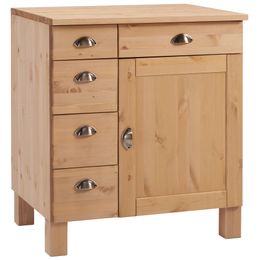 Unterschrank Home Affaire "Oslo", beige (natur gebeizt, gewachst), B:75cm H:85cm T:60cm, Massivholz, Schränke, 75 cm breit, 1 Tür, 5 Schubladen, aus Kiefer, Metallgriffe