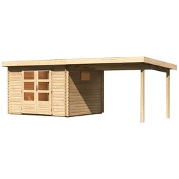 Gartenhaus Karibu "Trittau 3" Gartenhäuser Gr. ohne Fußboden, Anbau ohne Rück- und Seitenwand, ohne Dacheindeckung, beige (naturbelassen) Gartenhäuser aus Holz mit Anbaudach und Fenster