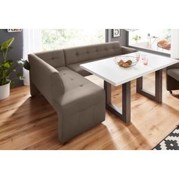 Eckbank exxpo - SOFA FASHION "Barista" Sitzbänke Gr. B/H/T: 197 cm x 82 cm x 265 cm, Lederfaserstoff, langer Schenkel rechts, beige (sahara) Eckbänke Frei im Raum stellbar