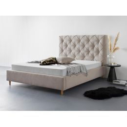 Polsterbett LEONIQUE "Louanne", beige (sand), B:198cm H:131cm L:221cm, Betten, mit schöner Knopfheftung im Rückenteil, inkl. Bettkasten