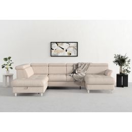 Sit & More Wohnlandschaft SIT & MORE "Marano U-Form", beige (creme), B:304cm T:216cm, 100% Polyester, Sofas, Wohnlandschaft, inklusive Kopfteilverstellung, wahlweise mit Bettfunktion, Bettkasten