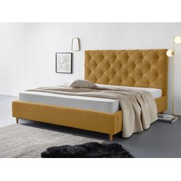 Polsterbett LEONIQUE "Louanne", gelb (senf), B:198cm H:131cm L:221cm, Betten, mit schöner Knopfheftung im Rückenteil, inkl. Bettkasten