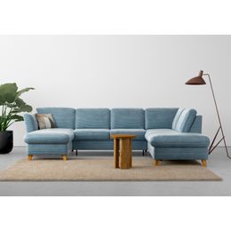 Wohnlandschaft Home Affaire "Trelleborg U-Form", blau (blau, grau), B:307cm H:86cm T:213cm, 100% Polyester, Sofas, Wohnlandschaft, wahlweise mit Bettfunktion und Bettkasten, inkl. Federkern-Polsterung