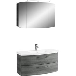 Badmöbel-Set SAPHIR "Cassca Sprint 2-teilig Mineralmarmor-Waschtisch mit LED-Spiegelschrank" Kastenmöbel-Sets Gr. B/H/T: 101 cm x 200 cm x 50,5 cm, 1 Mineralmarmor-Waschtisch weiß-1 Waschtischunterschrank mit 2 Auszügen-1 Spiegelschrank mit 3 Drehtüren-1 Aufsatzleuchte, grau (graphit struktur quer nachbildung) Bad-Sparsets Waschplatz mit 2 Schubladen, inkl. Dämpfer, 101 cm breit