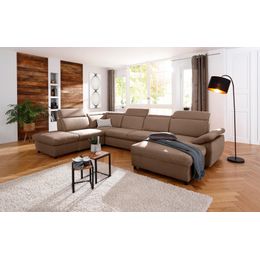 Wohnlandschaft Home Affaire "Mauritius U-Form", braun, B:354cm T:232cm, Struktur fein (100% Polyester);Luxus-Microfaser Lederoptik (100% Polyester);Soft clean (98% Polyester, 2% Polyamid), Sofas, Wohnlandschaft, mit Kopfteil- und Armlehnverstellung, wahlweise mit Bettfunktion