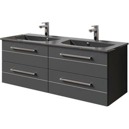 Waschtisch SAPHIR "Serie 6025 Mineralmarmor-Waschtisch mit Unterschrank, 132 cm breit" Waschtische Gr. Waschtisch grau, grau (quarzgrau hochglanz, quarzgrau matt select, weiß) Waschtische Doppel-Waschplatz mit 4 Schubladen, hängend, verschiedene Ausführungen