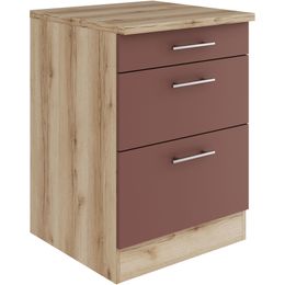 Unterschrank Optifit "Bella" Schränke Gr. B/H/T: 60 cm x 84,8 cm x 60 cm, rot (rostrot, wildeiche, wildeiche) Unterschränke Breite 60 cm, 2 Auszüge, 1 Schubkasten