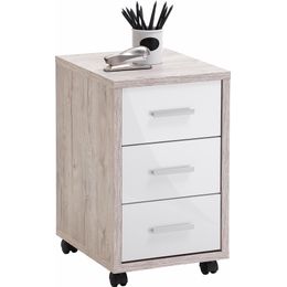 Rollcontainer FMD "Diego 2", bunt (sandeichefarben, weiß hochglanz), B:35cm H:59cm T:42cm, Holzwerkstoff, Rollwagen, mit 3 Schubkästen