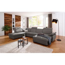 Wohnlandschaft Home Affaire "Mauritius U-Form", grau (stahlgrau), B:354cm T:232cm, Struktur fein (100% Polyester);Luxus-Microfaser Lederoptik (100% Polyester);Soft clean (98% Polyester, 2% Polyamid), Sofas, Wohnlandschaft, mit Kopfteil- und Armlehnverstellung, wahlweise mit Bettfunktion