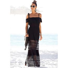 Maxikleid Lascana Gr. 42, N-Gr, schwarz Damen Kleider Strandkleider mit Spitzeneinsätzen im Rockteil, schulterfreies Sommerkleid