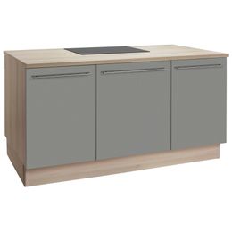 Kochinsel Optifit "Bern" Komplettküchen-Sets Gr. B/T: 160 cm x 95 cm, grau (küche: basaltgrau, akaziefarben) Küchenzeilen mit Elektrogeräte E-Geräten, Stellbreite 160 x 95 cm, höhenverstellbare Stellfüße