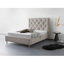Polsterbett LEONIQUE "Louanne", beige (sand), B:155cm H:131cm L:210cm, Betten, mit schöner Knopfheftung im Rückenteil, inkl. Bettkasten
