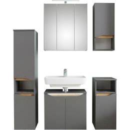 Badmöbel-Set SAPHIR "Quickset 5-teilig, Waschbeckenunterschrank mit LED-Spiegelschrank" Kastenmöbel-Sets grau (quarzgrau matt touch, quarzgrau matt, akzent riviera eiche quer nb) Midischrank, Unterschrank, Hängeschrank, inkl. Türdämpfer, 9 Türen