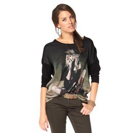 Langarmshirt Aniston CASUAL Gr. 34, grün (schwarz, grasgrün, beige) Damen Shirts Jersey mit femininem Frontdruck