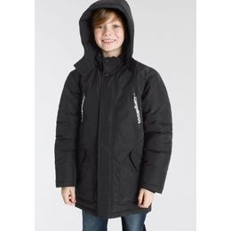 Parka Kangaroos "Outdoorjacke mit Reflektoren" Gr. 176/182, schwarz Jungen Jacken Brusttaschen mit bedruckten Reißverschlüssen