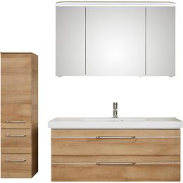 Badmöbel-Set SAPHIR "Balto Sprint 3-teilig, Mineralmarmor-Waschtisch mit LED-Spiegelschrank" Kastenmöbel-Sets Gr. B/H/T: 153 cm x 200 cm x 50,8 cm, 1 Mineralmarmor-Waschtisch weiß-1 Waschtischunterschrank mit 2 Auszügen-1 Spiegelschrank mit 2 Drehtüren-1 LED-Lichtkranz-1 Midischrank mit 1 Drehtür, 2 Auszügen, braun (riviera eiche quer nachbildung) Bad-Sparsets Badezimmer Set mit Midischrank inkl T