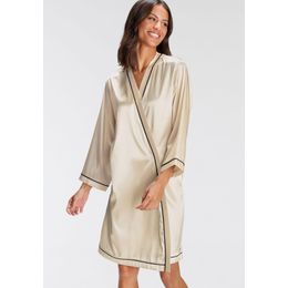 Kimono Bruno Banani, Damen, Gr. 46, beige (creme), Satin, unifarben, Kurzform, Hausm&auml;ntel, mit Kontrastpaspel-Details
