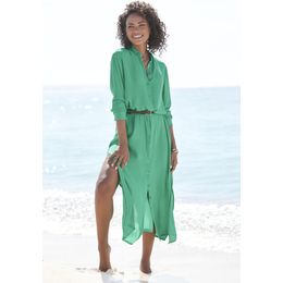 Hemdblusenkleid Lascana Gr. 42, N-Gr, grün (apfelgrün) Damen Kleider Strandkleider aus gekreppter Viskose, Maxikleid mit Schlitz, Sommerkleid Bestseller