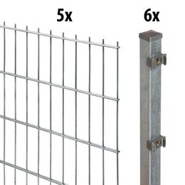 GARDEN 'N' MORE Doppelstabmattenzaun "Standard" Zaunelemente 5 Elemente für 10 m, LxH: 200 x 143 cm, mit 6 Pfosten Gr. H/L: 140cm x 10 m, Pfosten: 6 St., grau (feuerverzinkt)