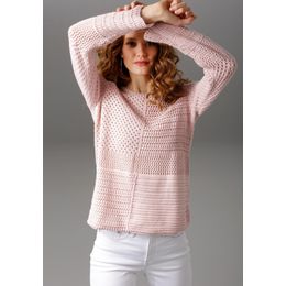 Rundhalspullover Aniston CASUAL Gr. 34, rosa (rosé) Damen Pullover mit trendig gemixten Ajour-Mustern