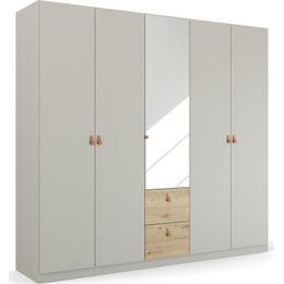 Drehtürenschrank Rauch "Homey by Quadra Spin" Schränke Gr. B/H/T: 226 cm x 210 cm x 54 cm, 5 St., grau (seidengrau, eiche artisan) mit cognacbraunen Ledergrifflaschen, Schubladen in Eichen-Dekor