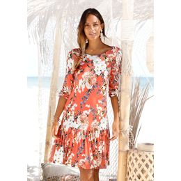 Jerseykleid s.Oliver Gr. 46, N-Gr, orange (koralle, bedruckt) Damen Kleider Strandkleider mit Blumenprint und Volantrock, 34-Ärmel, Sommerkleid, Strandkleid Bestseller