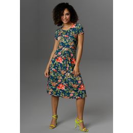 Sommerkleid Aniston CASUAL Gr. 40, N-Gr, bunt (petrol-grün-koralle-khaki-weiß-rosa) Damen Kleider mit farbenfrohem Blumendruck