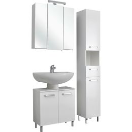 Badmöbel-Set SAPHIR "Quickset 3-teilig, Waschbeckenunterschrank mit LED-Spiegelschrank", weiß (weiß glanz), B:98cm H:200cm T:33cm, Spanplatte, Kastenmöbel-Sets, Waschplatz mit Hochschrank, 7 Türen, 1 Schublade, inkl. Türdämpfer