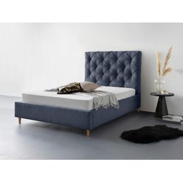 Polsterbett LEONIQUE "Louanne", blau, B:155cm, Betten, mit schöner Knopfheftung im Rückenteil, inkl. Bettkasten