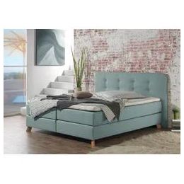 Boxspringbett Home Affaire "Cecina", blau (petrol), B:162cm L:210cm, Struktur fein (100% Polyester), Komplettbetten, Boxspringbett, in 5 Breiten, 3 Ausführungen, 2 Härtegrade, Knopfheftung, Topper