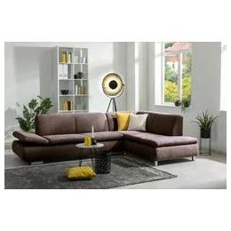 Ecksofa Max Winzer "Toulouse modern und bequem, aktuelles Design, hoher Sitzkomfort" Sofas Gr. B/H/T: 271cm x 75cm x 190cm, Samtvelours, Ottomane rechts, braun (schoko) mit klappbaren Armlehnen, Breite 271 cm