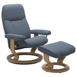 Relaxsessel stressless "Consul" Sessel Gr. Leder PALOMA, Classic Base Eiche, PlusTMSystem-Gleitsystem-Relaxfunktion-Drehfunktion-Kopfstützenverstellung-Rückteilverstellung, B/H/T: 76cm x 100cm x 71cm, blau (sparrow blue paloma) mit Hocker, Classic Base, Größe M, Gestell Eiche