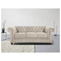 Chesterfield-Sofa Home Affaire "Chesterfield 3-Sitzer B/T/H: 198/89/74 cm" Sofas Gr. B/H/T: 198cm x 74cm x 89cm, Luxus-Microfaser weich, beige (creme) mit hochwertiger Knopfheftung, auch in Leder