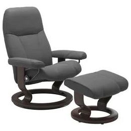 Relaxsessel stressless "Consul" Sessel Gr. Leder BATICK, Classic Base Wenge, PlusTMSystem-Gleitsystem-Relaxfunktion-Drehfunktion-Kopfstützenverstellung-Rückteilverstellung, B/H/T: 76cm x 100cm x 71cm, grau (grey batick) mit Hocker, Classic Base, Größe M, Gestell Wenge