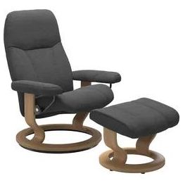 Relaxsessel stressless "Consul" Sessel Gr. ROHLEDER Stoff Q2 FARON, Classic Base Eiche, PlusTMSystem-Gleitsystem-Relaxfunktion-Drehfunktion-Kopfstützenverstellung-Rückteilverstellung, B/H/T: 76cm x 100cm x 71cm, grau (dark grey q2 faron) mit Hocker, Classic Base, Größe M, Gestell Eiche