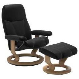 Relaxsessel stressless "Consul" Sessel Gr. Leder BATICK, Classic Base Eiche, PlusTMSystem-Gleitsystem-Relaxfunktion-Drehfunktion-Kopfstützenverstellung-Rückteilverstellung, B/H/T: 76cm x 100cm x 71cm, schwarz (black batick) mit Hocker, Classic Base, Größe M, Gestell Eiche