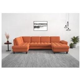 Sit & More Wohnlandschaft SIT & MORE "Westham U-Form" Sofas Gr. B/H/T: 338cm x 88cm x 172cm, Struktur weich, Ottomane links, mit Federkern-ohne Bettfunktion-ohne Armteilverstellung-ohne Sitztiefenverstellung-ohne Bettkasten, orange (terra) wahlweise mit Bettfunktion, Bettkasten, Sitztiefenverstellung