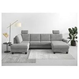 Wohnlandschaft Home Affaire "Summer U-Form" Sofas Gr. B/H/T: 314 cm x 91 cm x 170 cm, Breitcord, Recamiere rechts, mit Bettfunktion-mit Bettkasten-mit Federkern, silberfarben (silber) mit oder ohne Bettfunktion und Bettkasten, wengefarbene Holzfüße